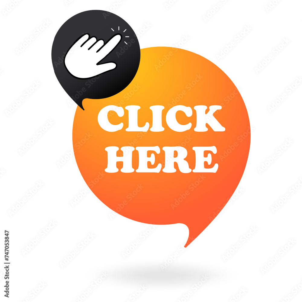 Click here banner in orange speech bubble with shadow. Balloon, business, advertising ...
