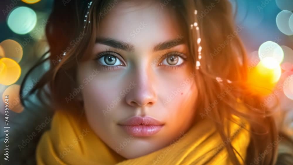 At night the street lights are bright. Beautiful girl 8K highest ...