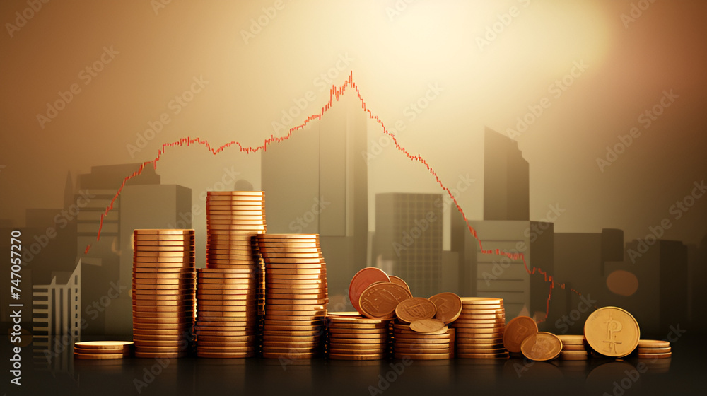 blurred stack of gold coin on city background with line graph for ...