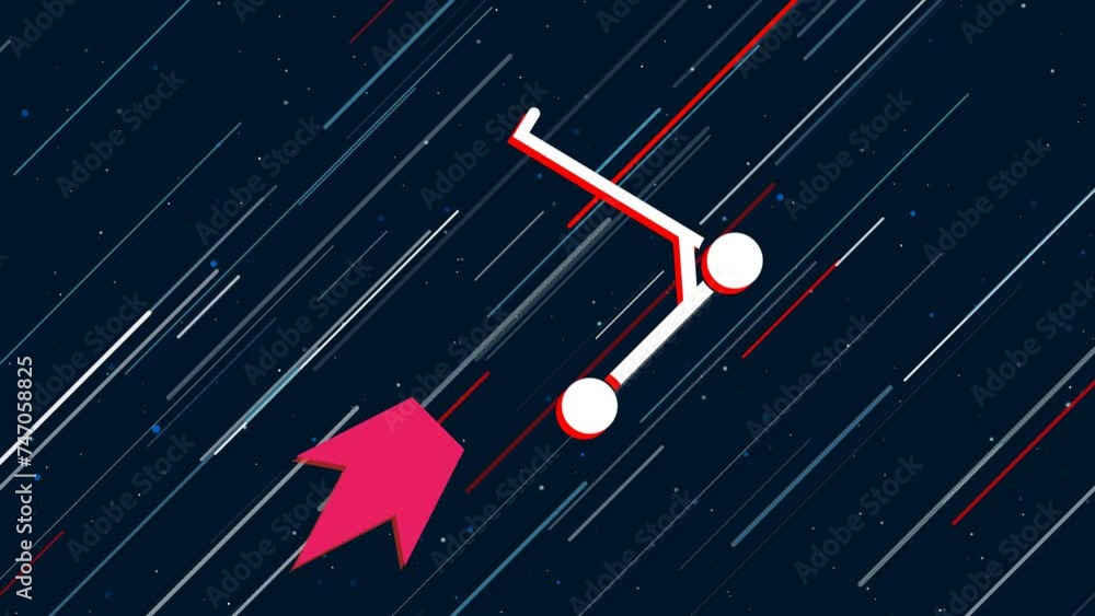 Kick scooter symbol flies through the universe on a jet propulsion. The ...