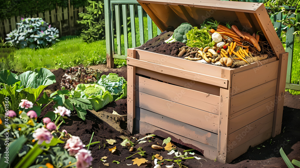 Bac à compost ouvert avec épluchures et vers de terre dans un jardin ...