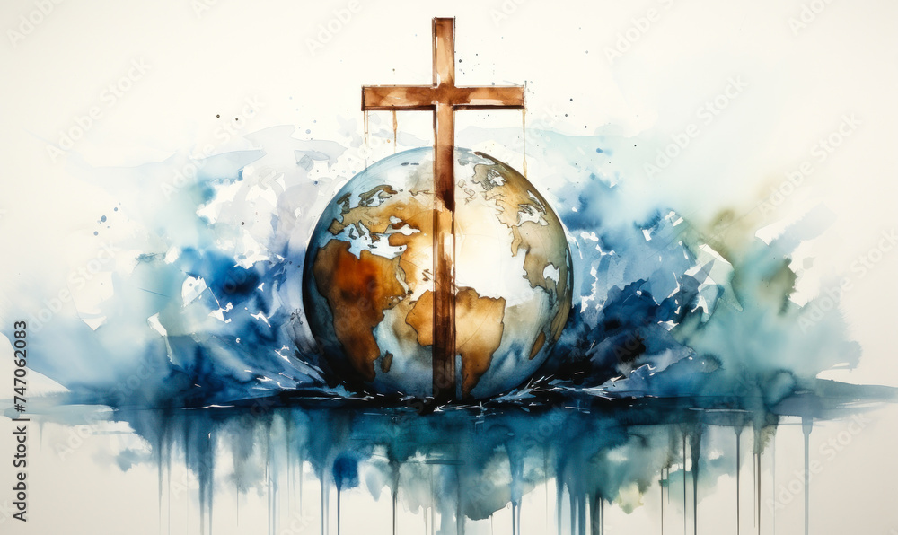 Watercolor painting of Earth cradled by a Christian cross, representing ...