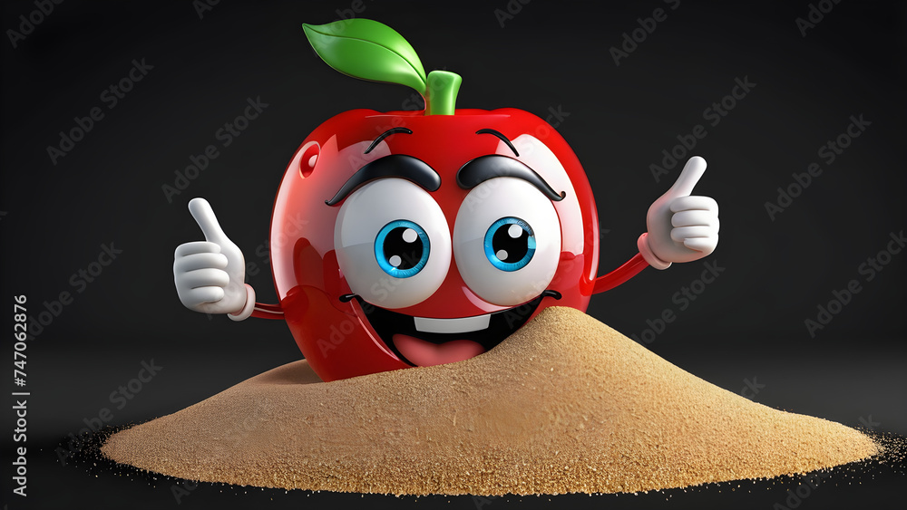 a cartoon character with a happy face funny apple food and sand on a ...