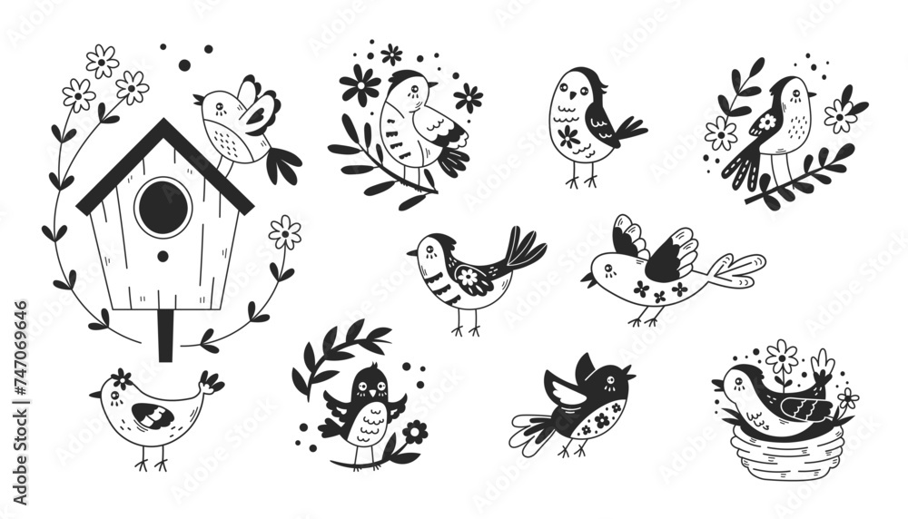 Spring birds doodle set. Cute hand drawn clipart with isolated flying ...