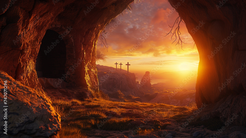 Resurrection Morning: The Empty Tomb of Christ at Sunrise, Symbolizing ...