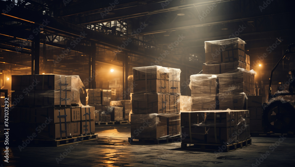 Conveyor belt full of boxes, parcels inside of a warehouse distribution ...