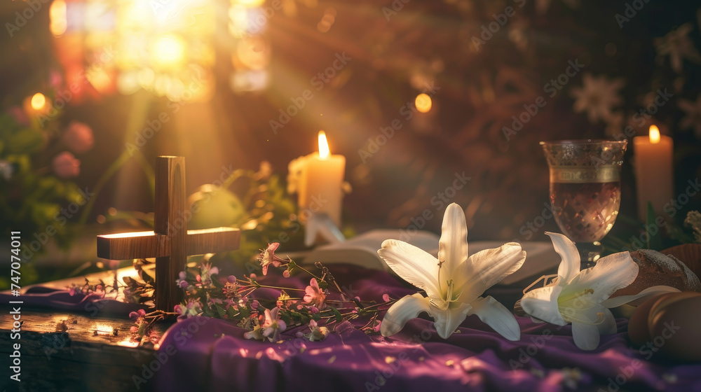 Easter Celebration in a Chapel with a Crucifix, Lit Candles, and Lilies ...