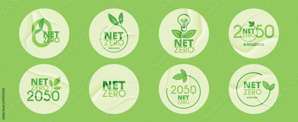 Net Zero and Carbon Neutral Concepts. 8 round glued stickers. Carbon ...
