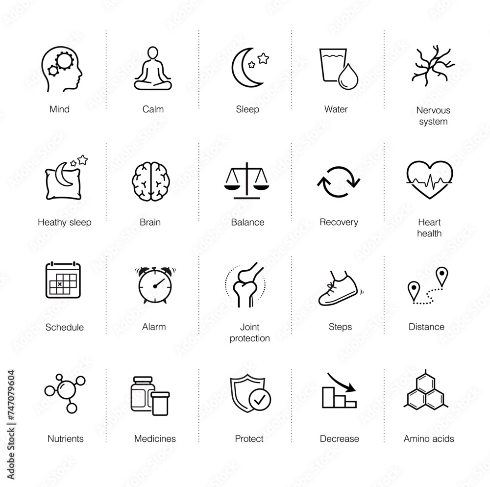 Vitality icon set for healthy lifestyle, human-improving products.The ...