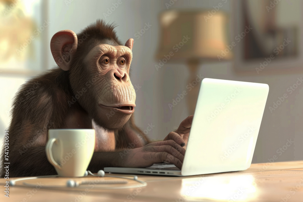 3D cartoon monkey hard at work on his laptop. With his focused ...