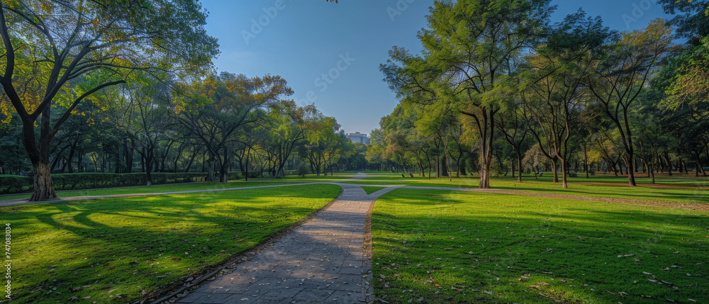 A serene park scene with a split paved pathway leading through verdant ...