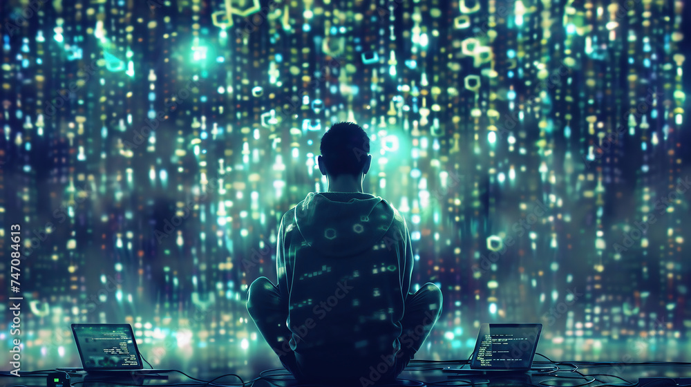 Back view of hacker at desktop using computers with creative process ...