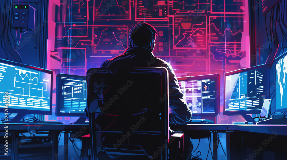 Back view of hacker at desktop using computers with creative process ...