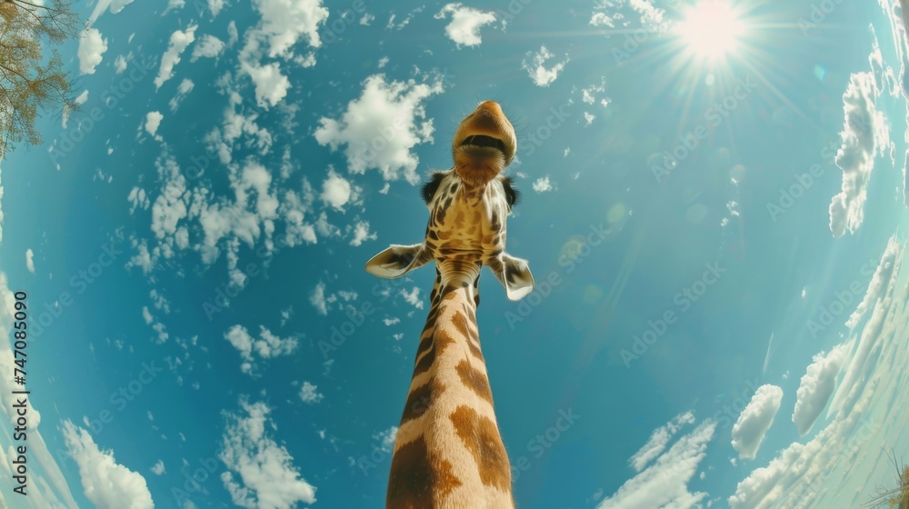 Bottom view of a giraffe against the sky. An unusual look at animals ...