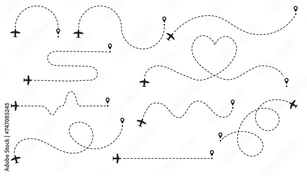 Aircraft routes dotted lines. Plane with track collection. Plane path ...