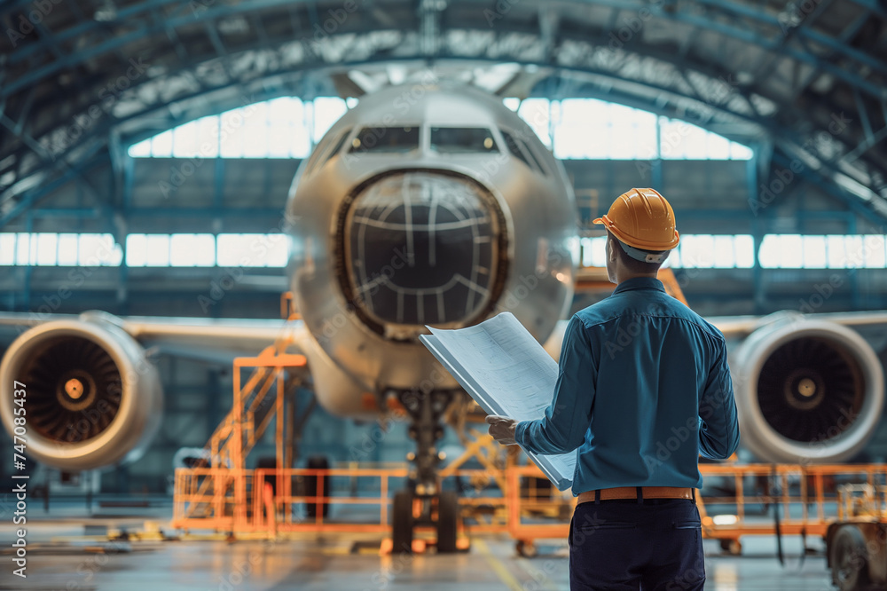 engineer stand holding blueprintsin an airplane construction hangar ...