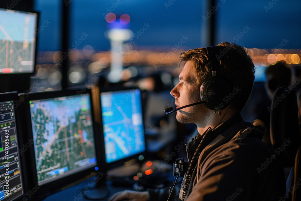 Air traffic male controller with headsets talk in airport tower ...