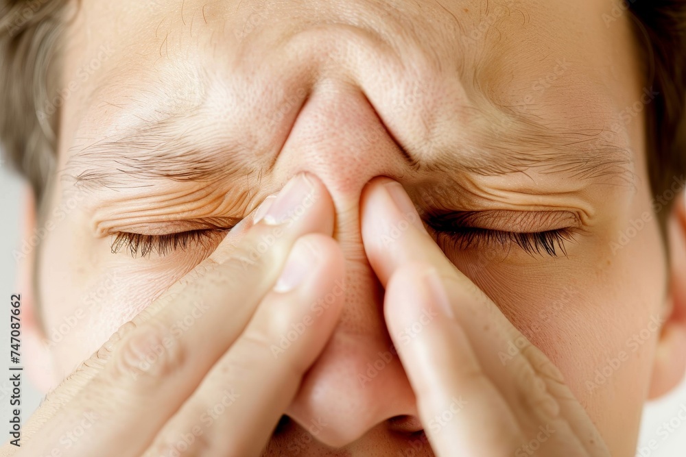 Sinus Pressure Pain - An individual pinching the bridge of their nose ...