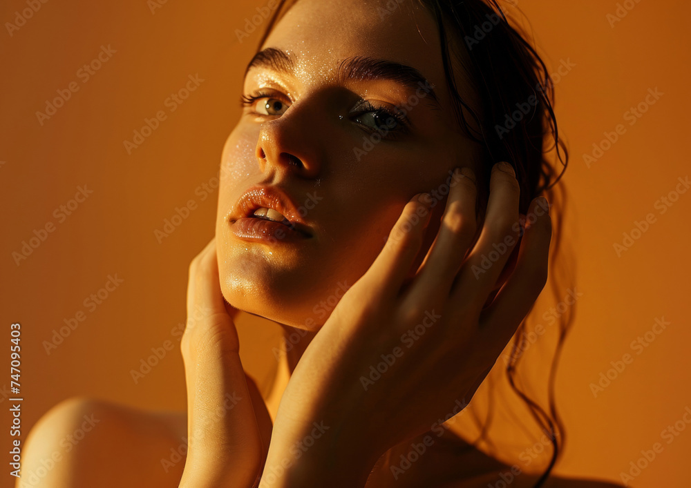 A young woman with delicate features is captured in a moment of ...