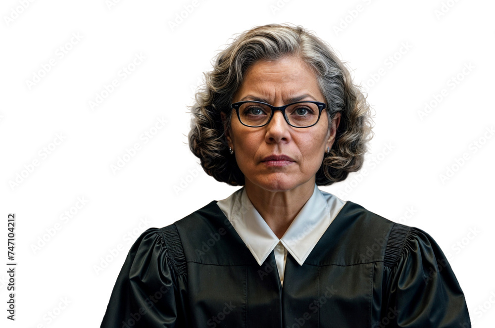 Portrait of a serious female judge with glasses, in a judicial robe, on ...