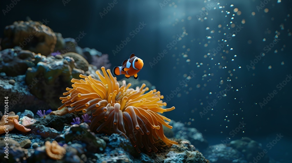 Captivating clownfish swimming above vibrant sea anemone, marine life ...