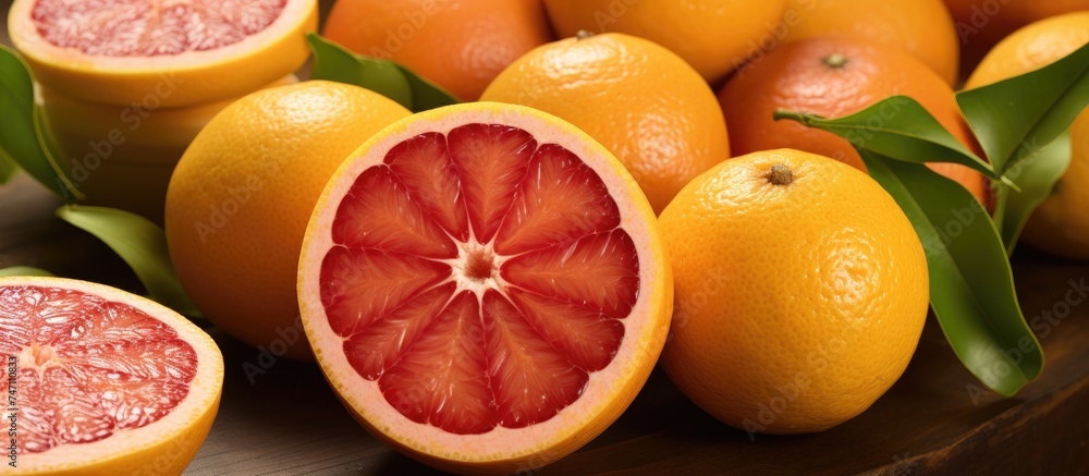 A close-up view of a fresh Star Ruby grapefruit cut in half, revealing the juicy pink flesh ...