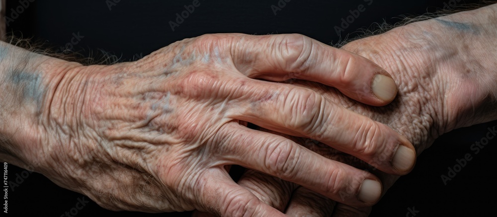Close-up of two hands clasped tightly together, revealing extensive ...