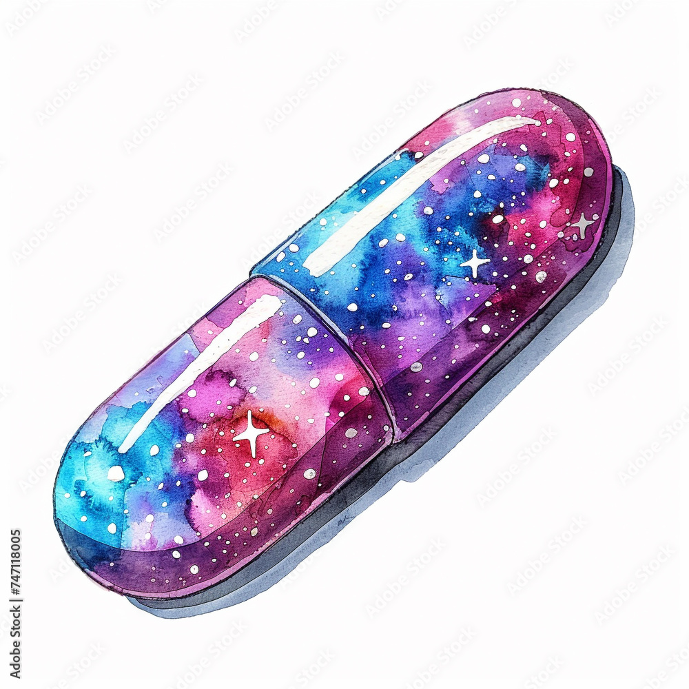 Artistic watercolor clipart featuring a single cute capsule pill ...