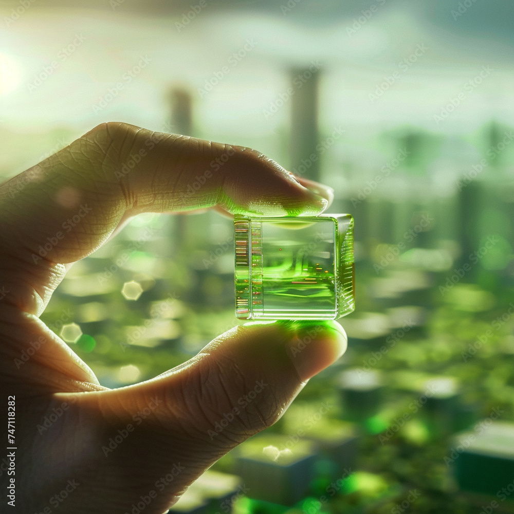 Photo of a hand holding a miniature green hydrogen fuel cell with a ...