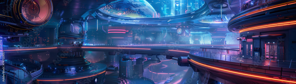 Underground city with layered sectors, illuminated by bioluminescence ...