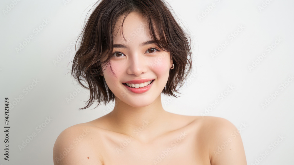 A young Asian woman with a short haircut presents a soft, subtle smile ...