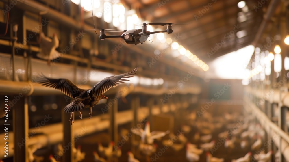 Drone flying inside a large poultry house, capturing video of the ...