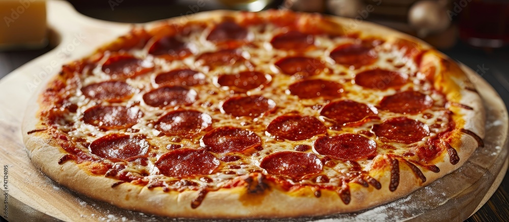 A pepperoni pizza, a popular fast food dish, is placed on a wooden ...