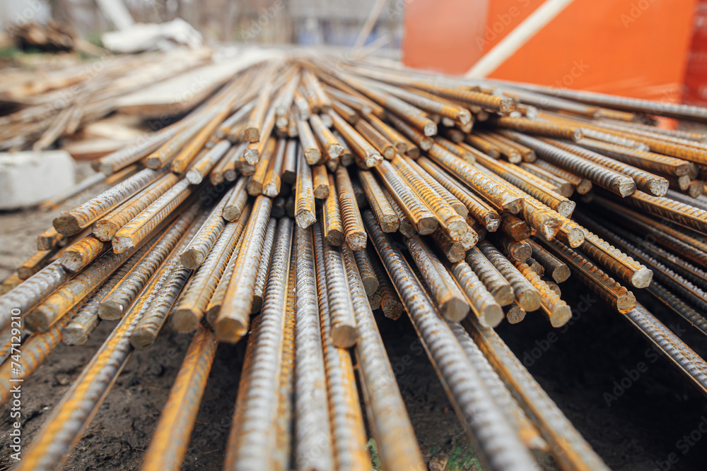 Reinforcement rods at construction site. Steel rebar close up. Rusty ...