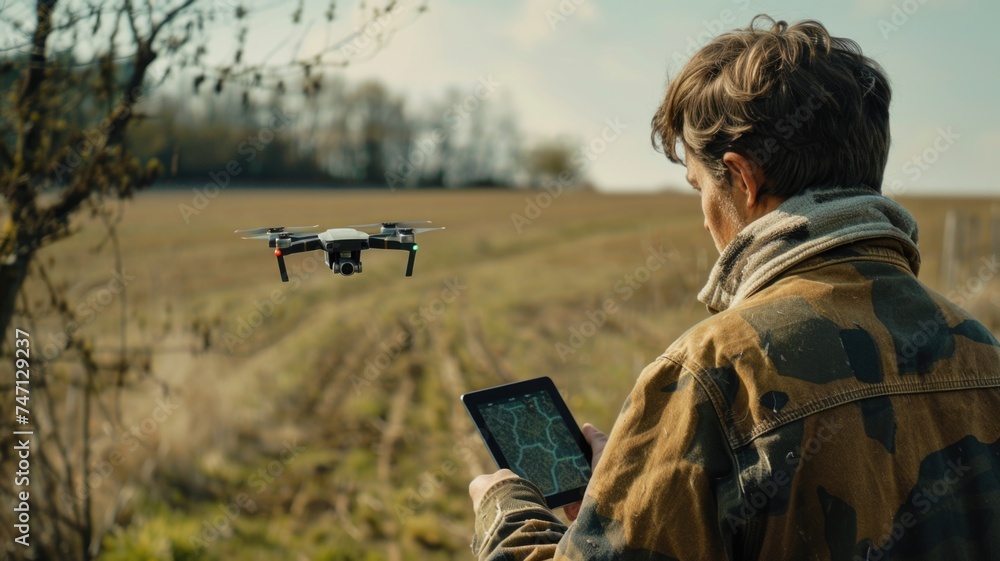 High-tech drone scanning a crop field, generating a health and growth ...