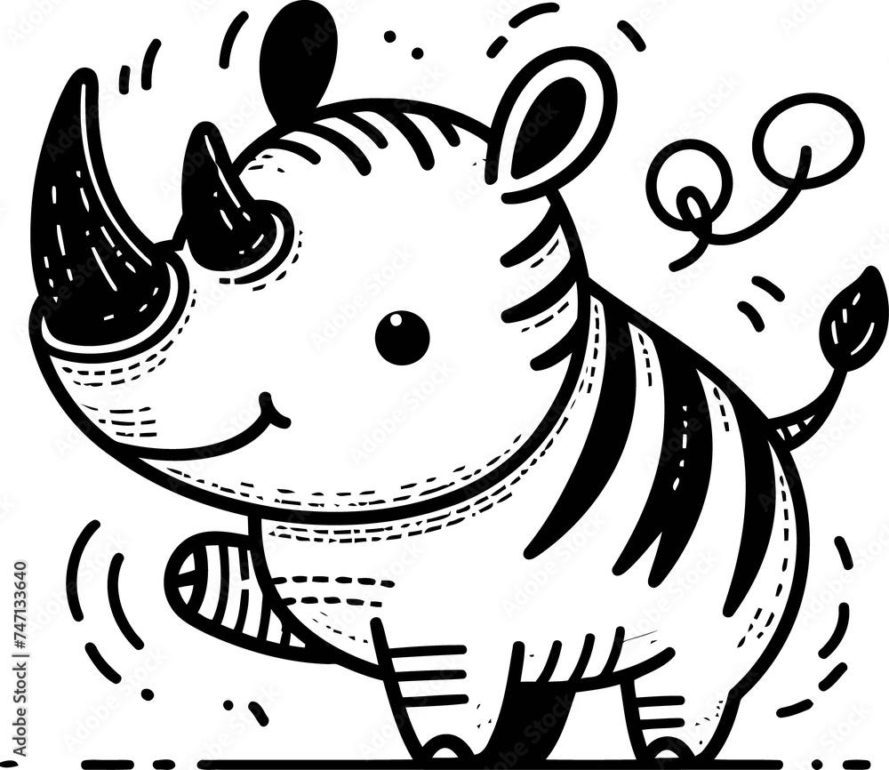 rhino in cute animal doodle cartoon, children mascot drawing, outline ...