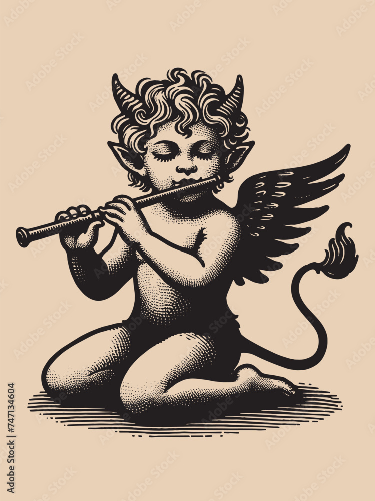 Satyr cute little boy plays the flute. Old vintage engraving ...