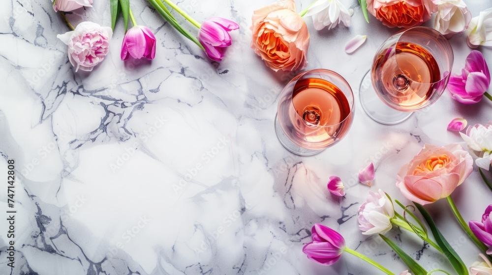 Various shades of rose wine. Flat lay of rose wine of different colors ...
