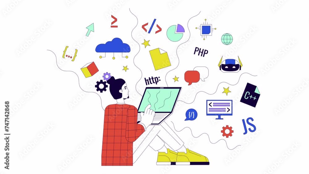 Computer network engineer line 2D animation. Cyber security. Female ...