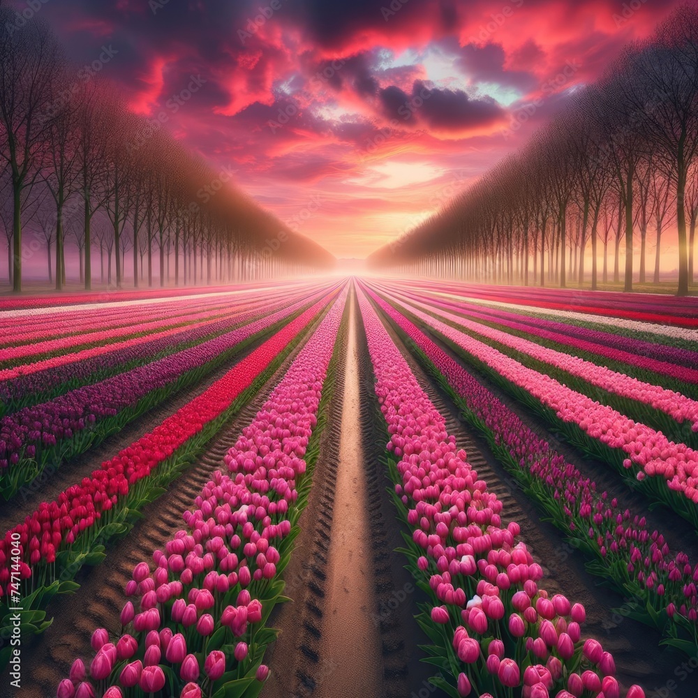 Growing tulips, endless, flat rows of tulips, each one a different ...