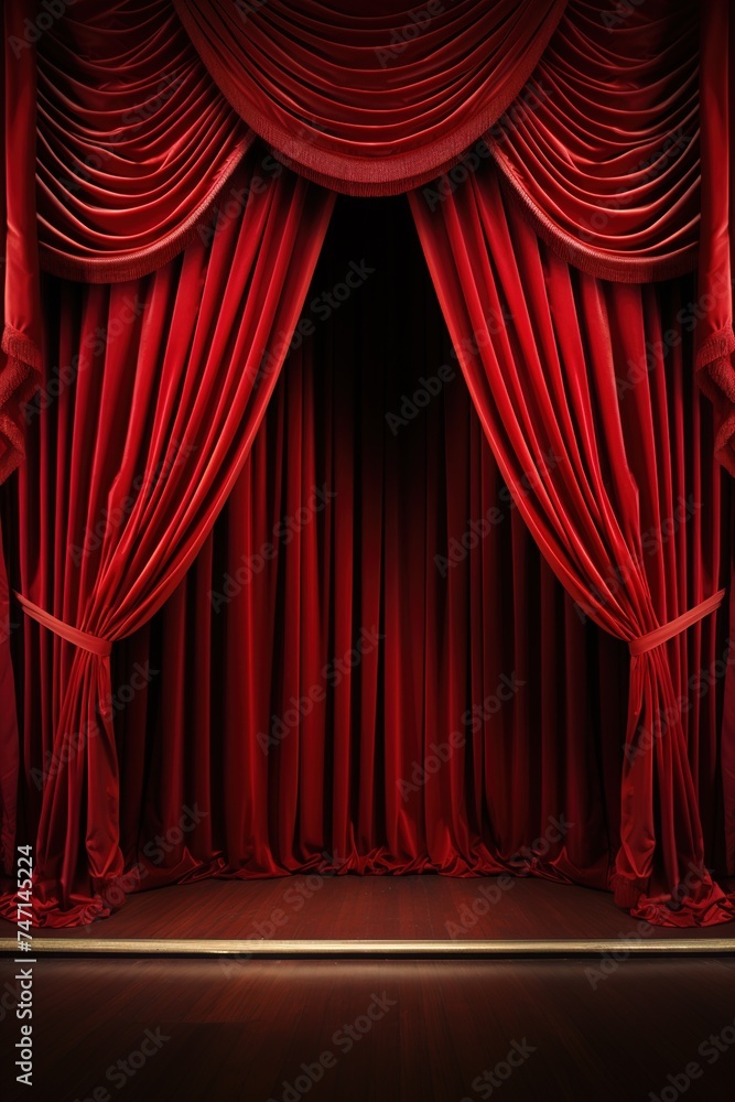 vertical scene background, red curtain on stage of theater or cinema ...