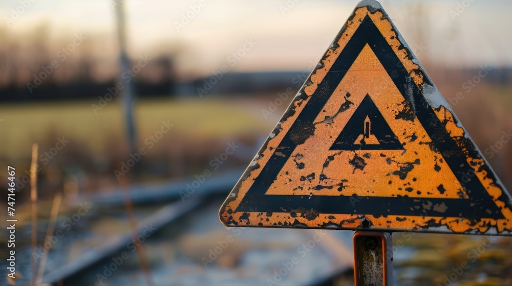 Rusty Hazard Sign by Railroad Tracks at Sunset. A rusty hazard sign ...