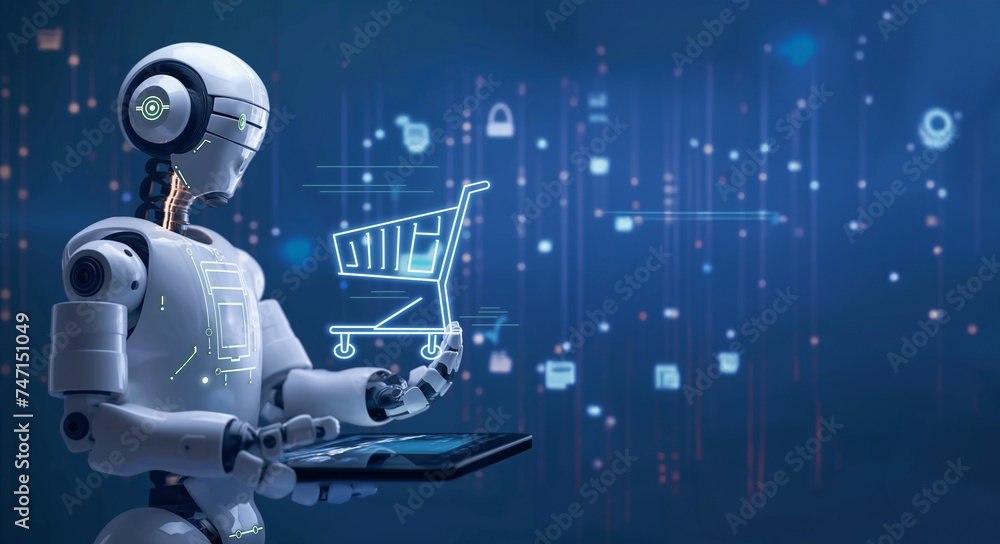 Robot holds the tablet and virtual shopping cart. Future of shopping ...