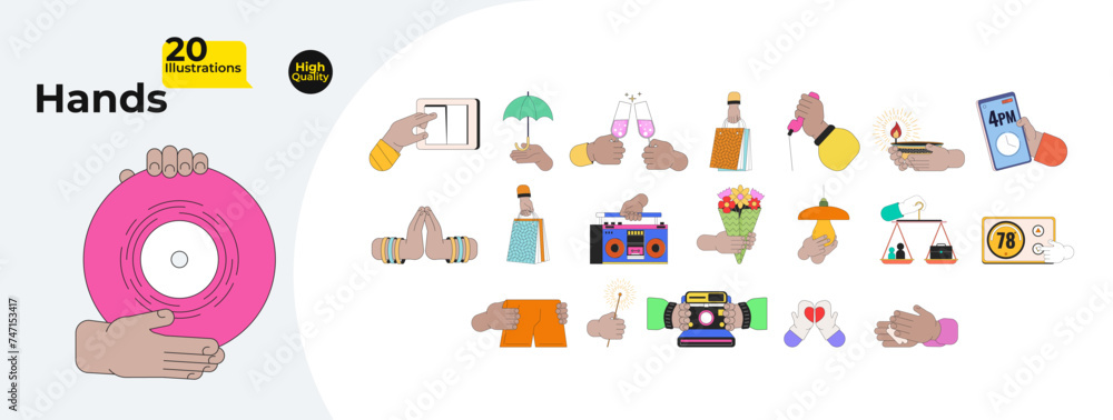 Daily routine lifestyle linear cartoon hands illustration bundle ...