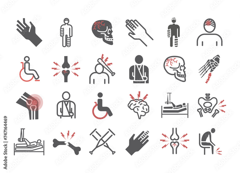 Injury icons set. Bone fractures symbols. Infographic. Vector signs for ...