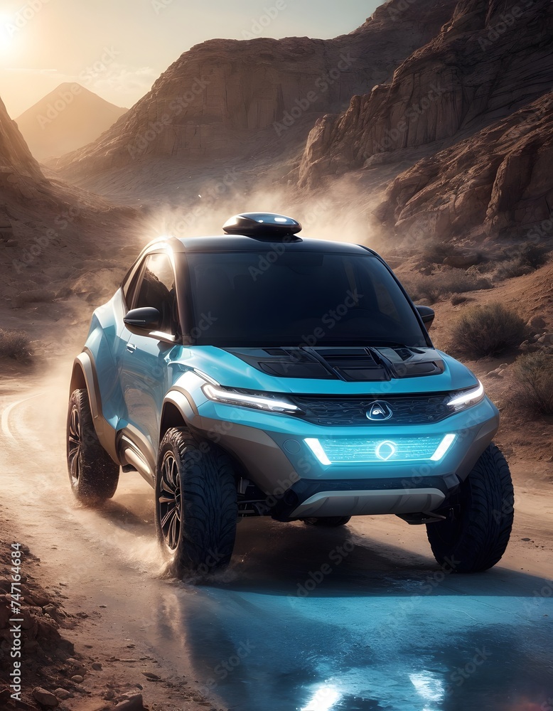 A modern electric SUV with a sleek design stands under a sunlit desert ...