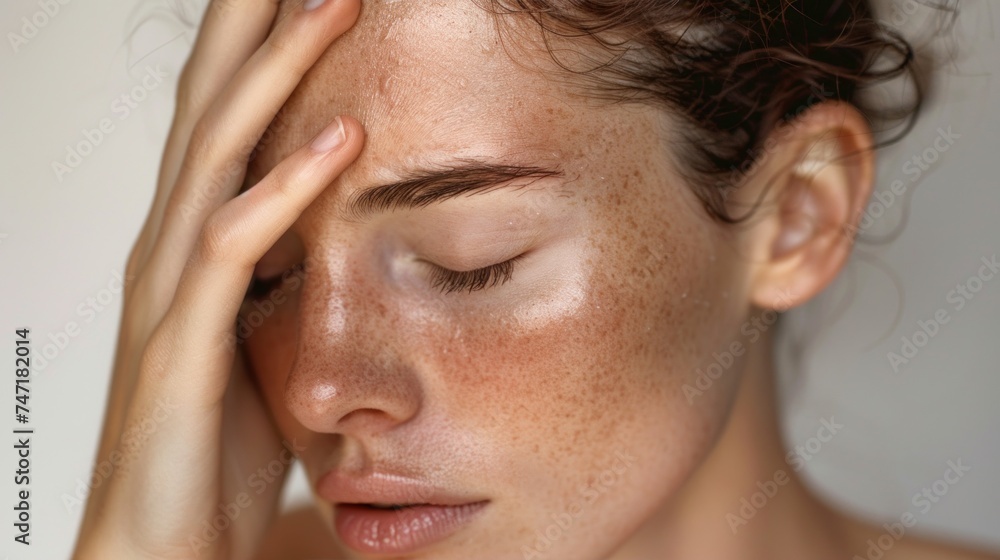A close-up of a person's face with their hand on their forehead showing ...