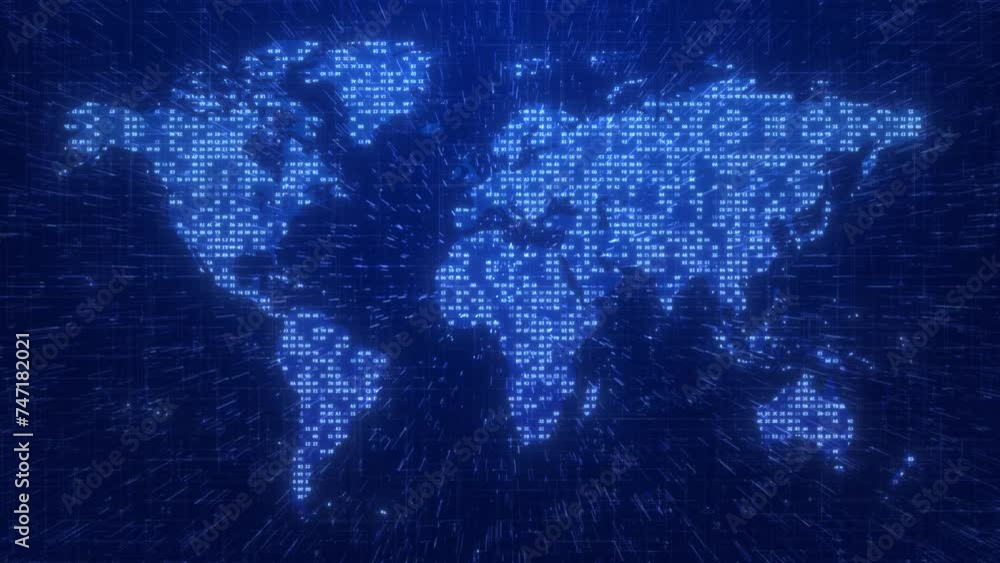 Futuristic World Map: Abstract Blue Matrix of Binary Codes and ...