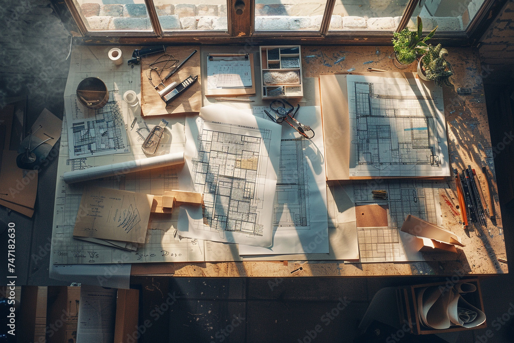flat lay photo capturing various sketch plans and blueprints neatly ...