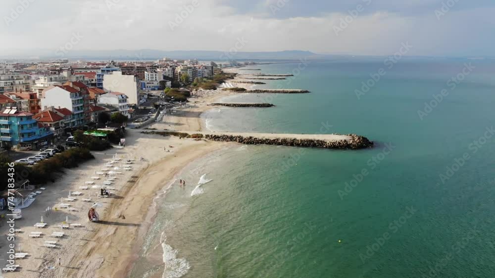 Aerial drone view of beaches and coastline of Pomorie city that is ...